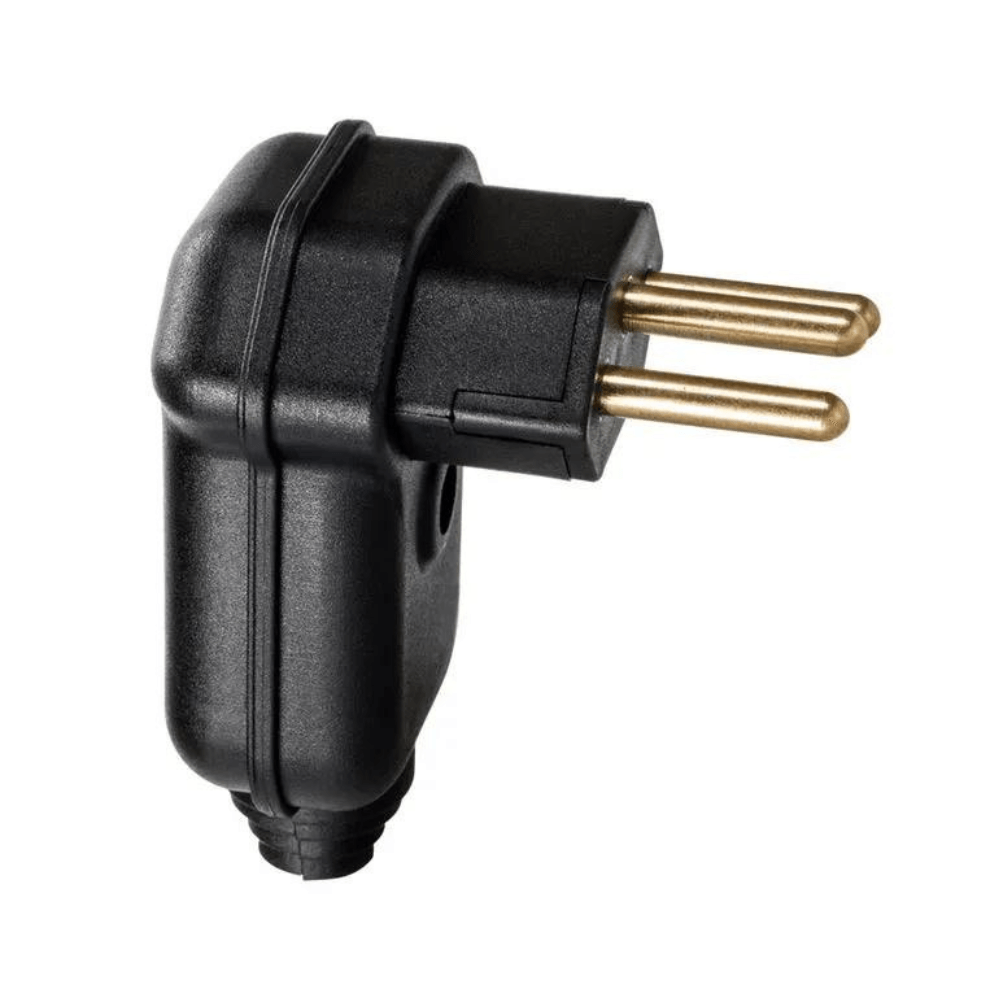 Plug 2P+T 10A 250V PB Preto Versatil Lateral 90 Com Prensa Margirius| ANDRA