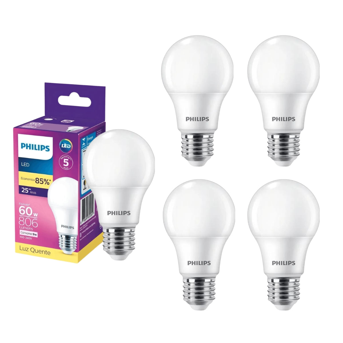 Kit 5 Lâmpadas LED Bulbo E27 9W 806lm 3000k A60 Philips| ANDRA