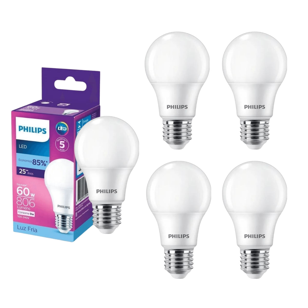Kit 5 Lâmpadas LED Bulbo E27 9W 806lm 6500k A60 Philips| ANDRA
