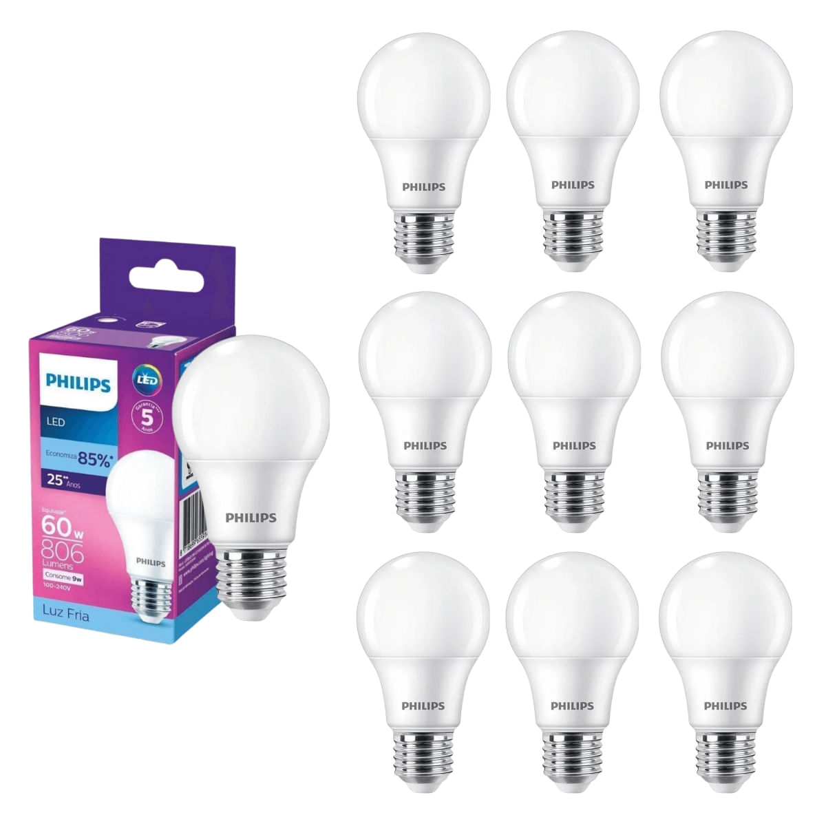 Kit 10 Lâmpadas LED Bulbo E27 9W 806lm 6500k A60 Philips| ANDRA