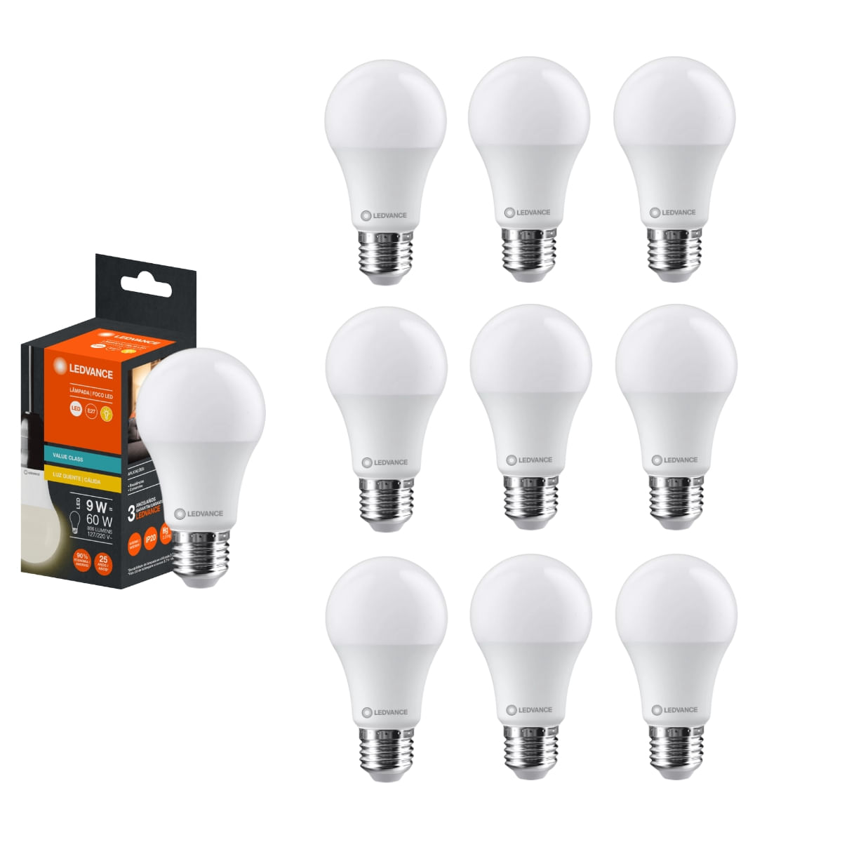 Kit 10 Lâmpadas LED Bulbo E-27 Bivolt 9W 806 Lúmens Ledvance| ANDRA