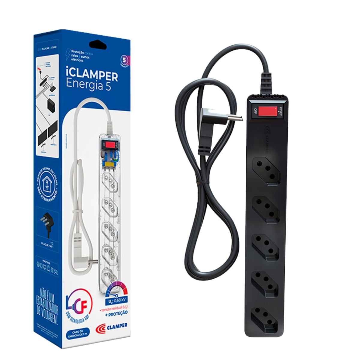 Régua Dps 5T 2P+T Lcf 10A Energia Preto 23459 Clamper | ANDRA